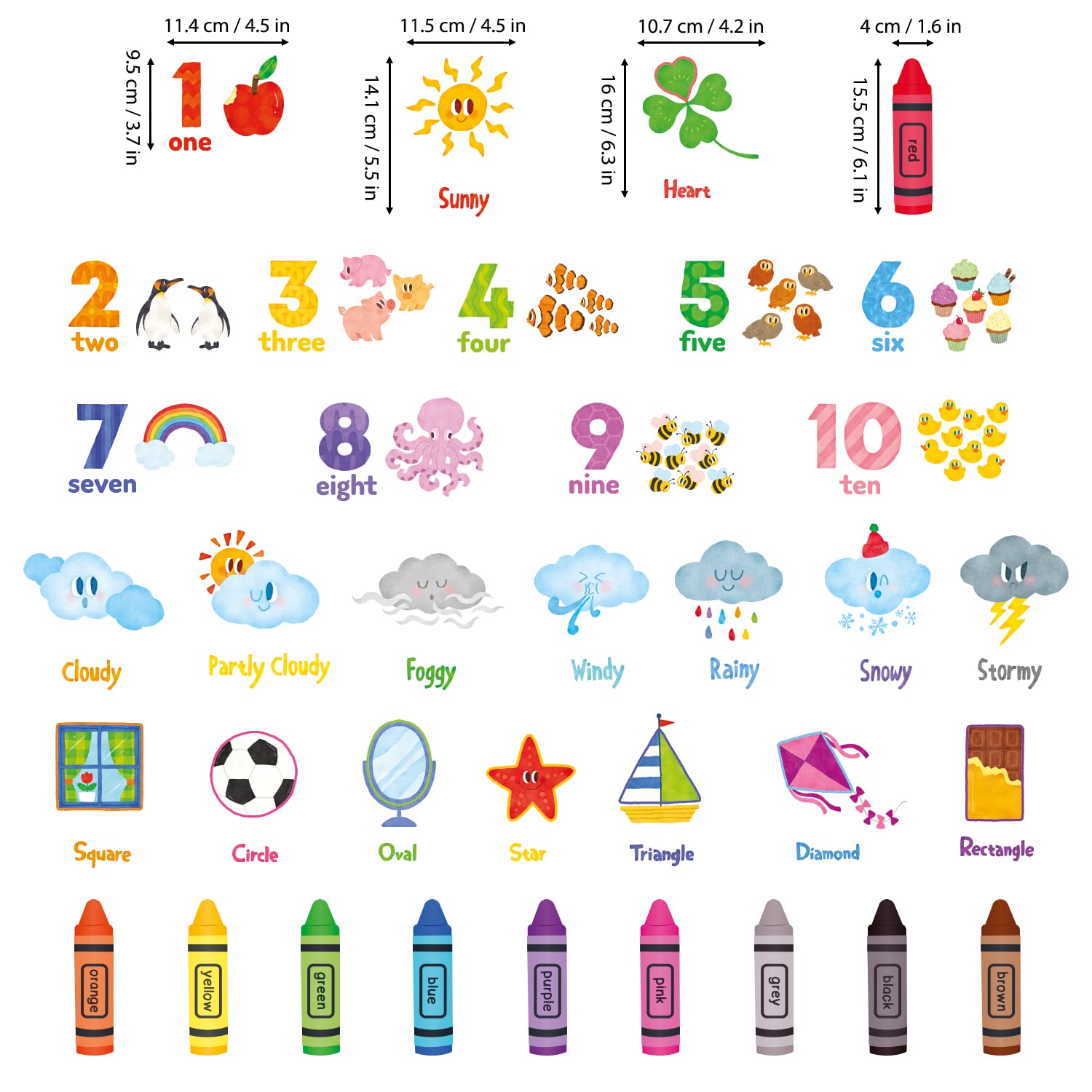 DECOWALL DS9-8056 Numbers Crayons Weather and Shape Wall Decals Stickers Kids Nursery Classroom Bedroom Room décor playroom Stick Peel Educational Removable Colorful Living Decal Animal Learning