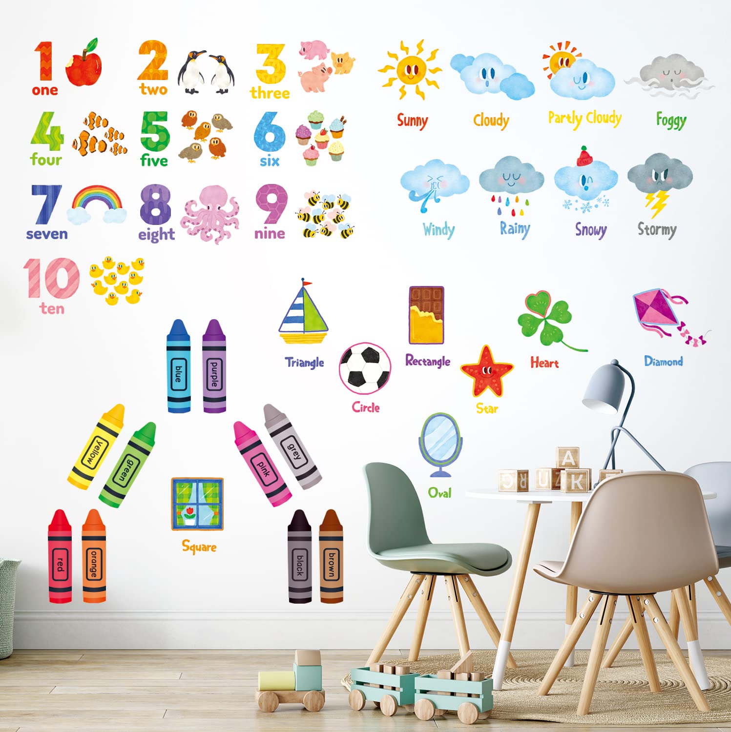 DECOWALL DS9-8056 Numbers Crayons Weather and Shape Wall Decals Stickers Kids Nursery Classroom Bedroom Room décor playroom Stick Peel Educational Removable Colorful Living Decal Animal Learning