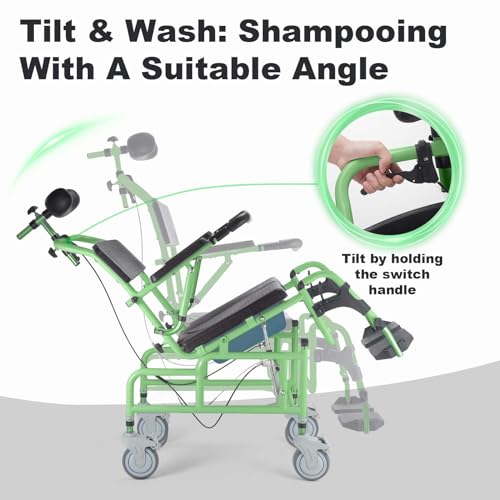 4-in-1 Bedside Commode Chair, Tilt 30°Shower Commode Wheelchair, Shampoo Chair with Headrest and Bucket, Adjustable Transport Rolling Chair for Elderly, Disabled, Adults (Green)