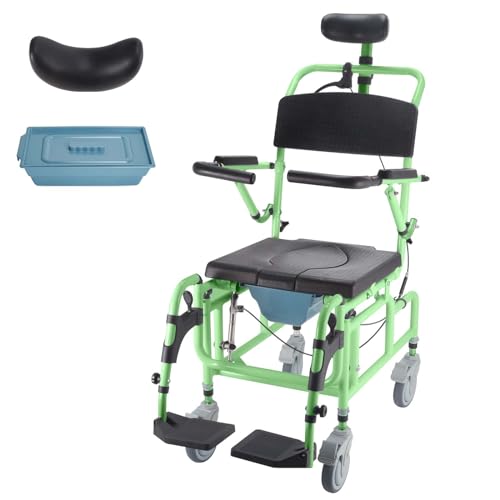 4-in-1 Bedside Commode Chair, Tilt 30°Shower Commode Wheelchair, Shampoo Chair with Headrest and Bucket, Adjustable Transport Rolling Chair for Elderly, Disabled, Adults (Green)