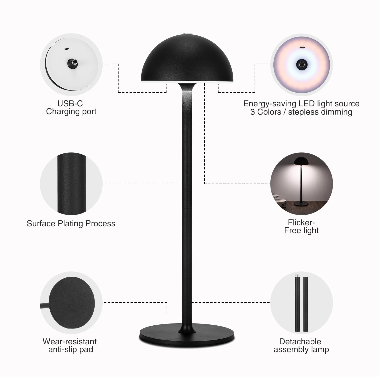 S SUNSBELL Cordless Table Lamps Metal Led Desk Lamp Portable Wireless Bedside Lamps USB Rechargeable Night Light Touch Adjustable Brightness Reading Light 5200mah Battery Powered Decoration Lights