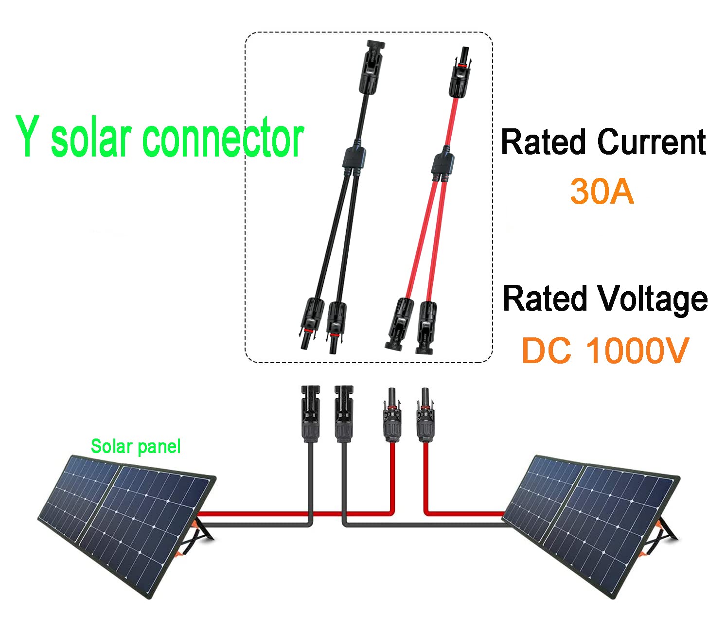 WOODGUILIN Solar Y Connector,Solar Y Branch Parallel Cable,Solar 1 to 3 Male Female Connector Adapter,10AWG 45A Waterproof IP68 40CM Cable,for Solar Panels,Solar Cells (MFFF&FMMM, 1 Pair)