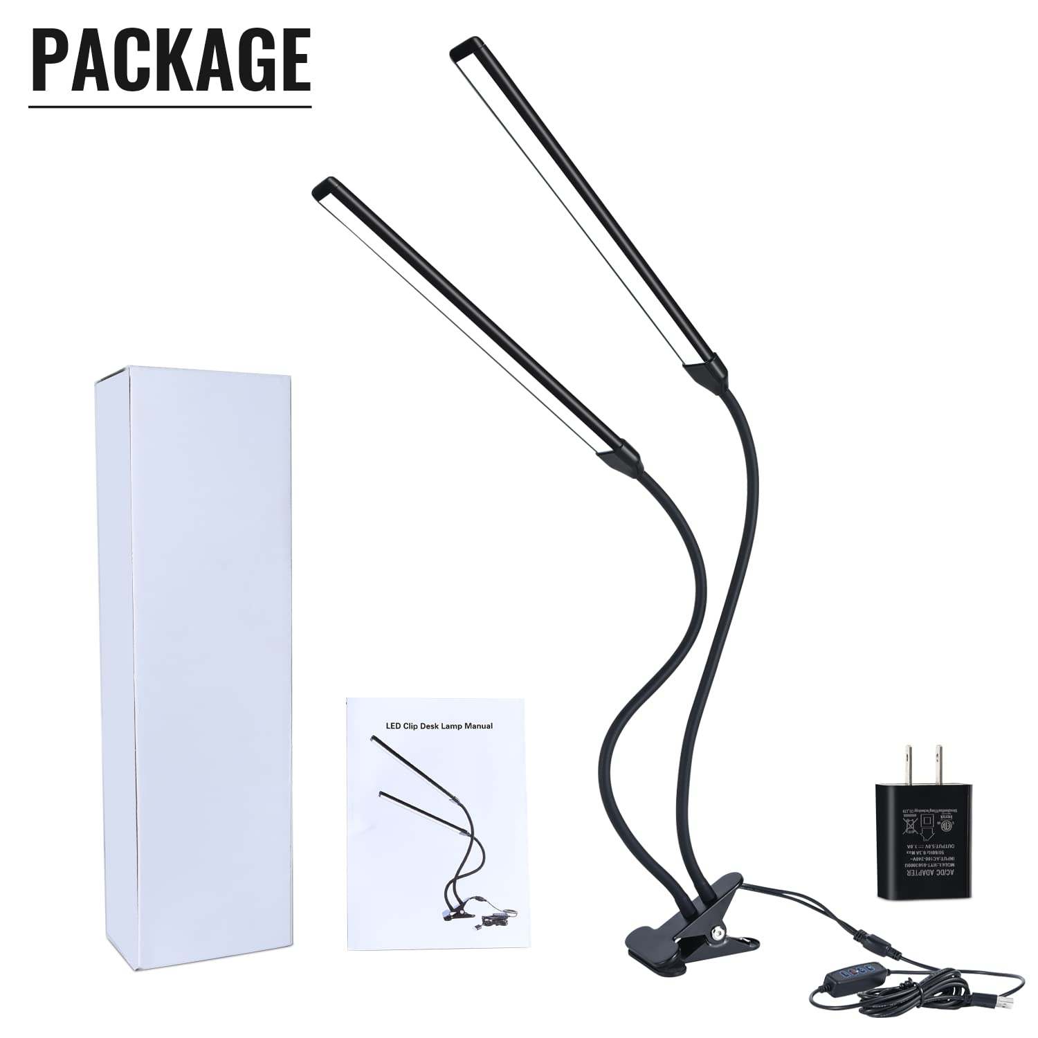 CeSunlight Desk Lamp, Clamp on Lamp with 2 LED Tubes, 13W, 1200 LMS, 3 Color Modes, 10 Brightness Levels, 18.5 Inches Flexible Gooseneck LED Clip Book Light for Reading, Working (Adapter Included)