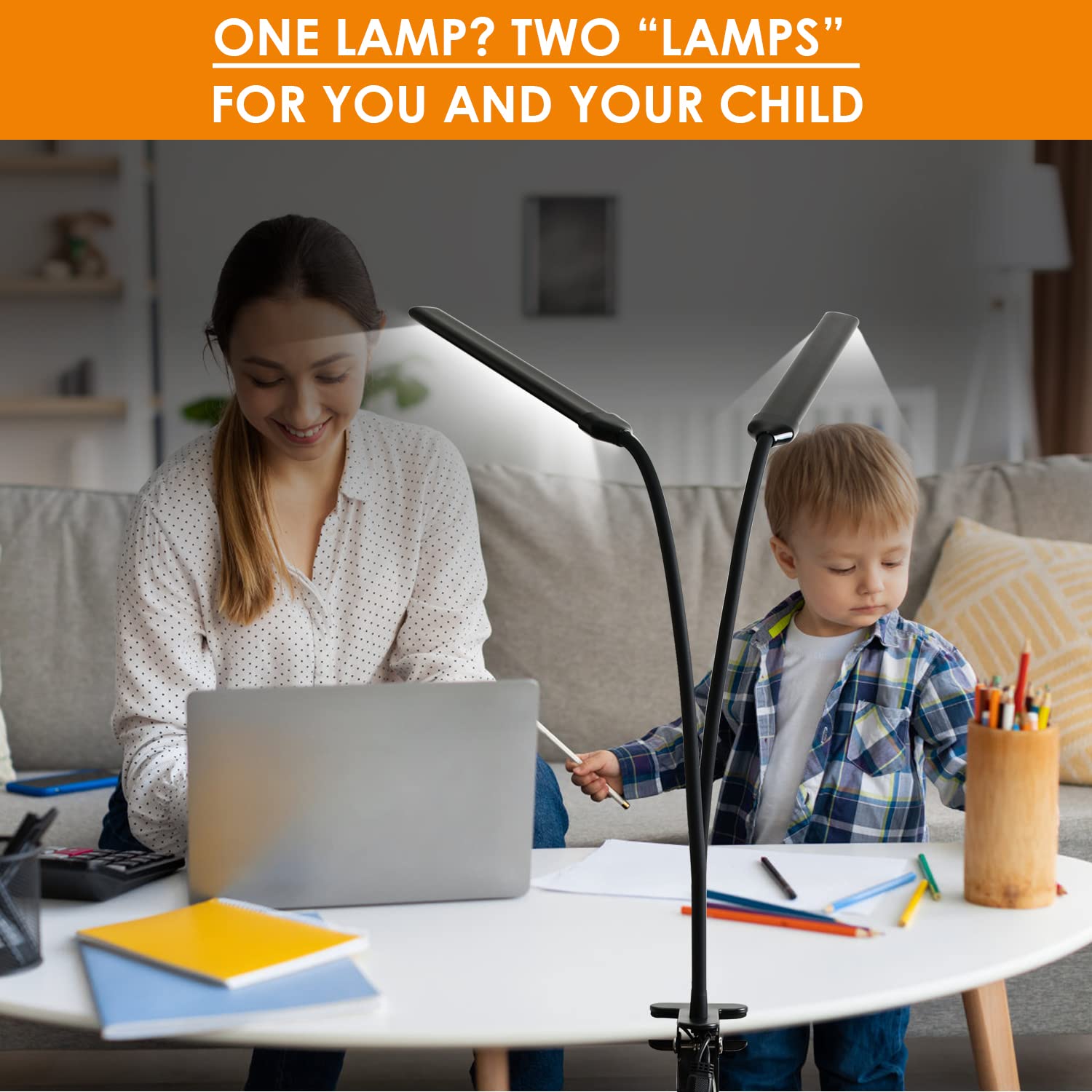 CeSunlight Desk Lamp, Clamp on Lamp with 2 LED Tubes, 13W, 1200 LMS, 3 Color Modes, 10 Brightness Levels, 18.5 Inches Flexible Gooseneck LED Clip Book Light for Reading, Working (Adapter Included)