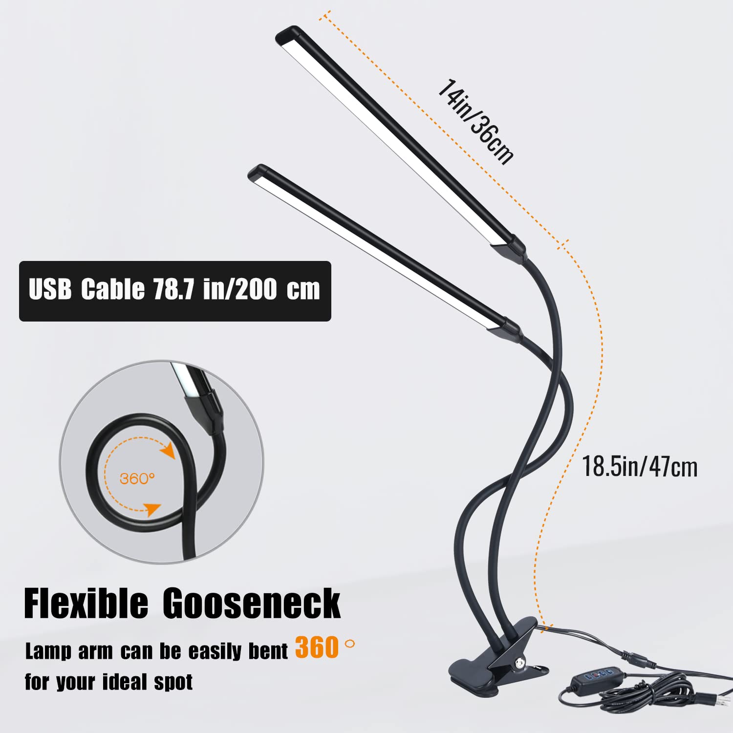 CeSunlight Desk Lamp, Clamp on Lamp with 2 LED Tubes, 13W, 1200 LMS, 3 Color Modes, 10 Brightness Levels, 18.5 Inches Flexible Gooseneck LED Clip Book Light for Reading, Working (Adapter Included)