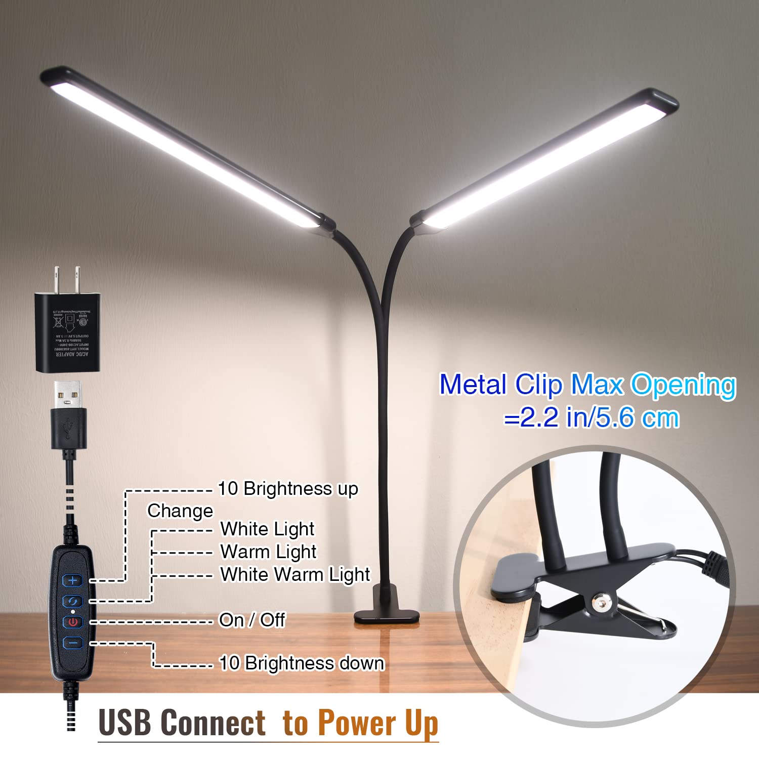 CeSunlight Desk Lamp, Clamp on Lamp with 2 LED Tubes, 13W, 1200 LMS, 3 Color Modes, 10 Brightness Levels, 18.5 Inches Flexible Gooseneck LED Clip Book Light for Reading, Working (Adapter Included)