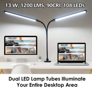 CeSunlight Desk Lamp, Clamp on Lamp with 2 LED Tubes, 13W, 1200 LMS, 3 Color Modes, 10 Brightness Levels, 18.5 Inches Flexible Gooseneck LED Clip Book Light for Reading, Working (Adapter Included)