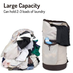 Laundry Bag Backpack for College, Large Laundry Bag with Detergent Holder and Adjustable Shoulder Straps, Durable Clothes Travel Laundry Backpack Hamper Bag Dorm Room Essentials (Khaki w Brown)