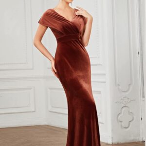 Ever-Pretty Women's Deep V-Neck Cap Sleeves Open Back Memaid Velvet Wedding Guest Dresses Maroon US4