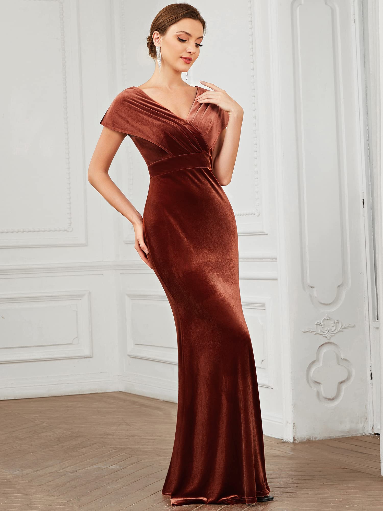 Ever-Pretty Women's Deep V-Neck Cap Sleeves Open Back Memaid Velvet Wedding Guest Dresses Maroon US4