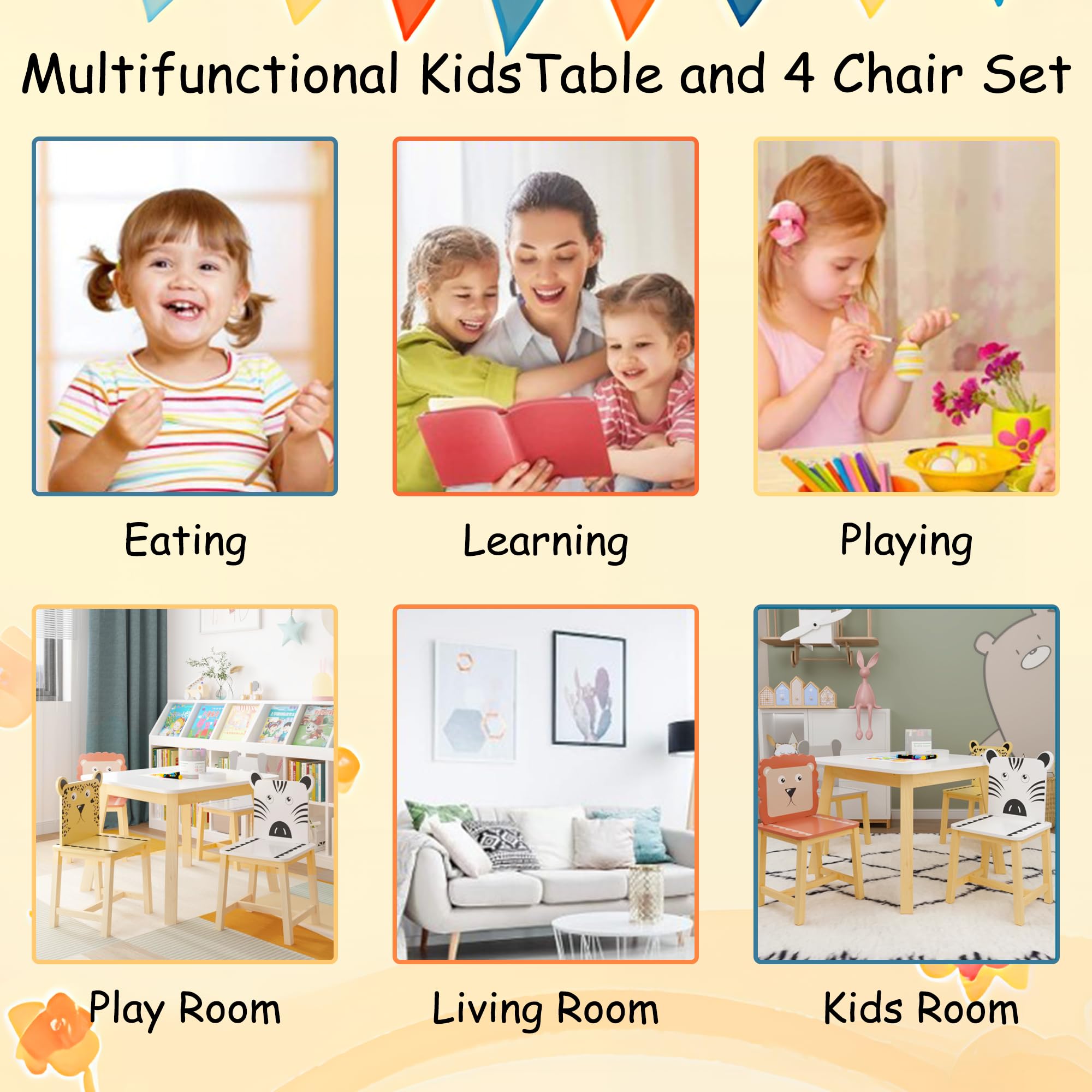 FAMIKITO Kids Table with 4 Chairs Set, 5 Pieces Cartoon Animals Toddler Table and Chairs Set, Wooden Children Furniture Set for Playroom Kindergarten, Gift for Ages 2+