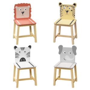 FAMIKITO Kids Table with 4 Chairs Set, 5 Pieces Cartoon Animals Toddler Table and Chairs Set, Wooden Children Furniture Set for Playroom Kindergarten, Gift for Ages 2+