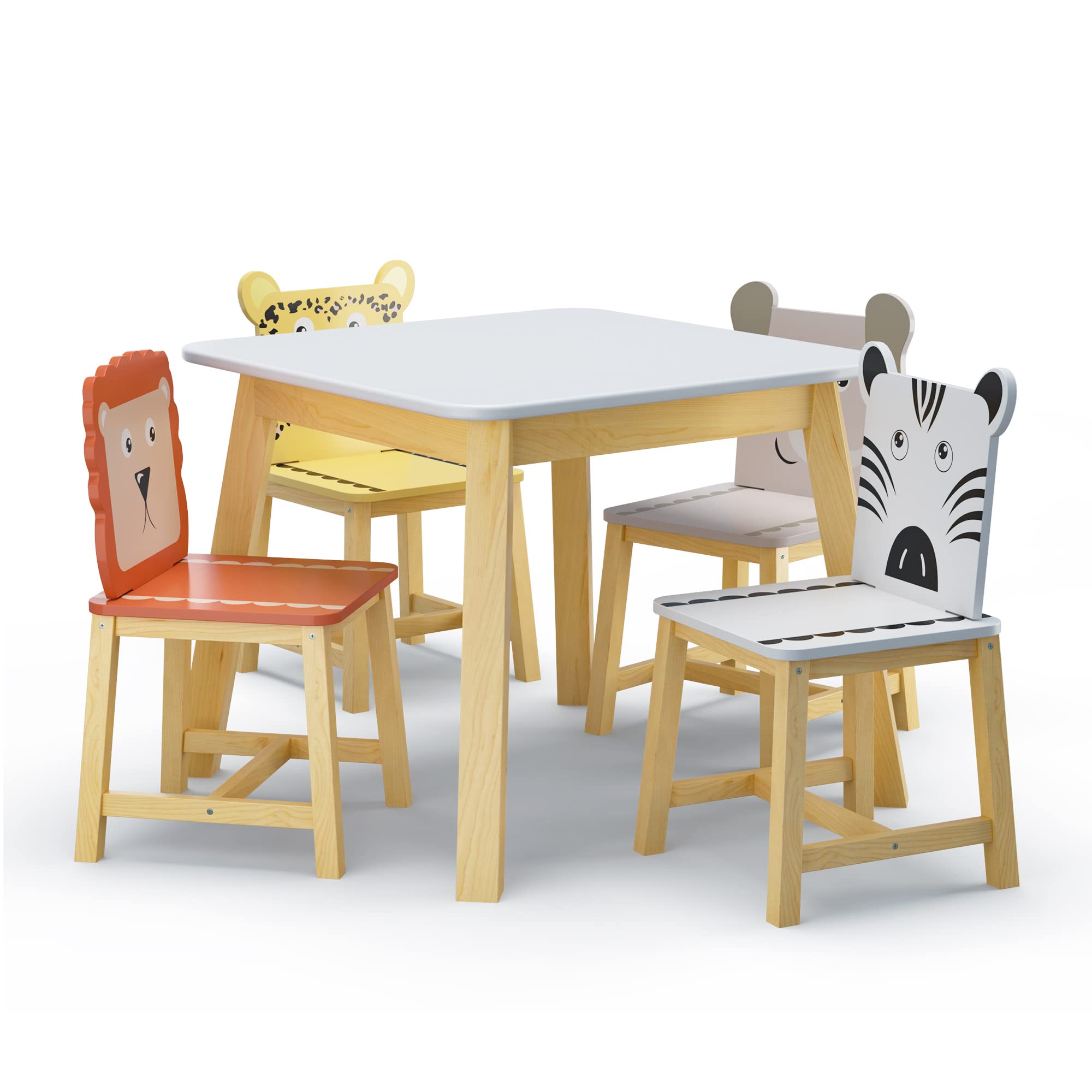 FAMIKITO Kids Table with 4 Chairs Set, 5 Pieces Cartoon Animals Toddler Table and Chairs Set, Wooden Children Furniture Set for Playroom Kindergarten, Gift for Ages 2+