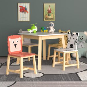 FAMIKITO Kids Table with 4 Chairs Set, 5 Pieces Cartoon Animals Toddler Table and Chairs Set, Wooden Children Furniture Set for Playroom Kindergarten, Gift for Ages 2+