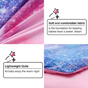 A Nice Night Galaxy Space Planet with Star Glitter Toddler Bedding Set,Includes Comforter, Flat Sheet, Fitted Sheet and Pillowcase,Pink