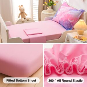 A Nice Night Galaxy Space Planet with Star Glitter Toddler Bedding Set,Includes Comforter, Flat Sheet, Fitted Sheet and Pillowcase,Pink