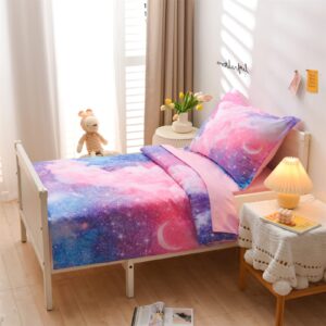 A Nice Night Galaxy Space Planet with Star Glitter Toddler Bedding Set,Includes Comforter, Flat Sheet, Fitted Sheet and Pillowcase,Pink