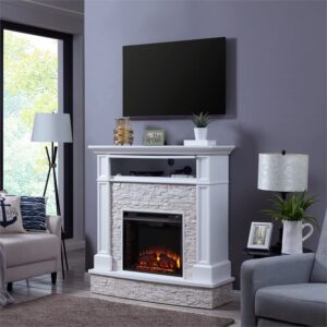 BOWERY HILL Faux Stone Electric Fireplace TV Stand in White Finish