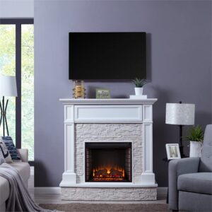 BOWERY HILL Faux Stone Electric Fireplace TV Stand in White Finish