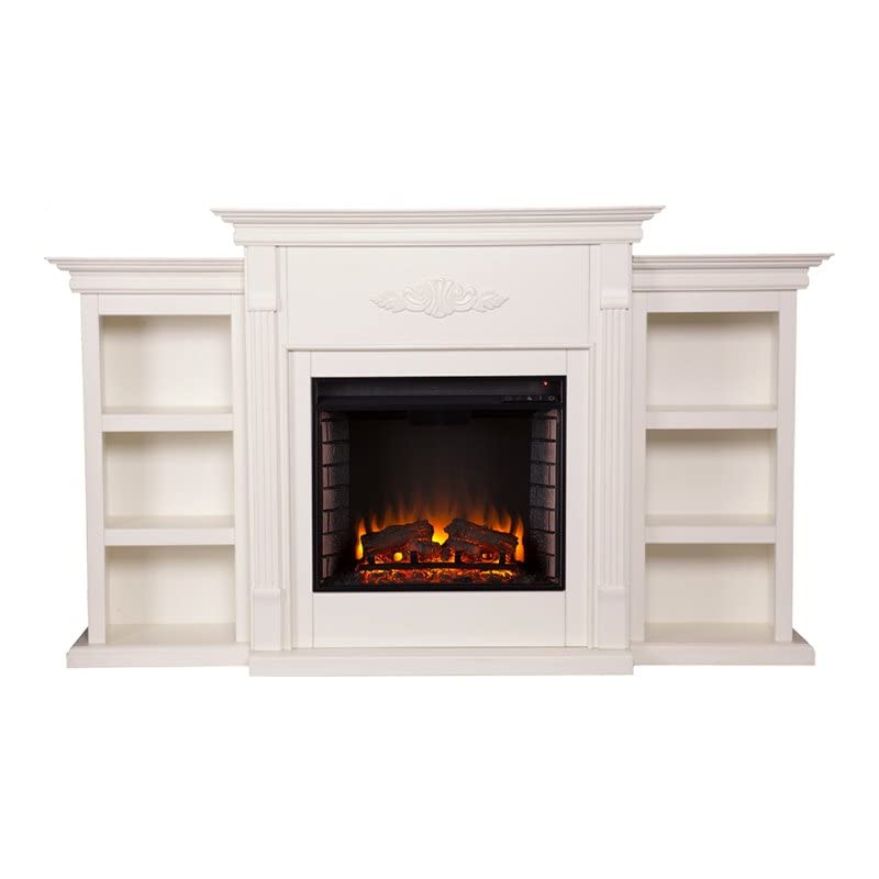 BOWERY HILL Traditional Wood Electric Fireplace with Bookcases in Ivory