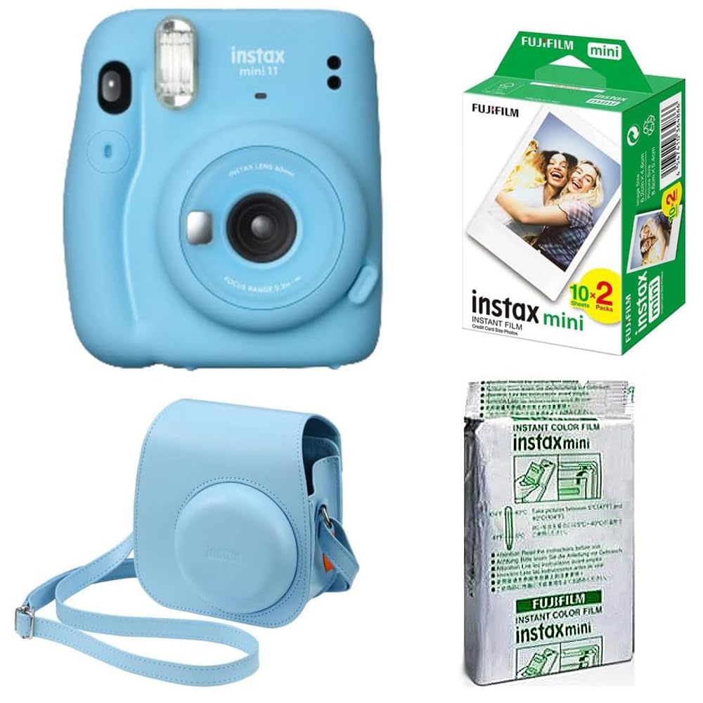 Fujifilm Instax Mini 11 Instant Camera Accessory Kit (Sky Blue) with Case, Instax Mini Film (2 Pack) and Instax Mini Sky Blue Film