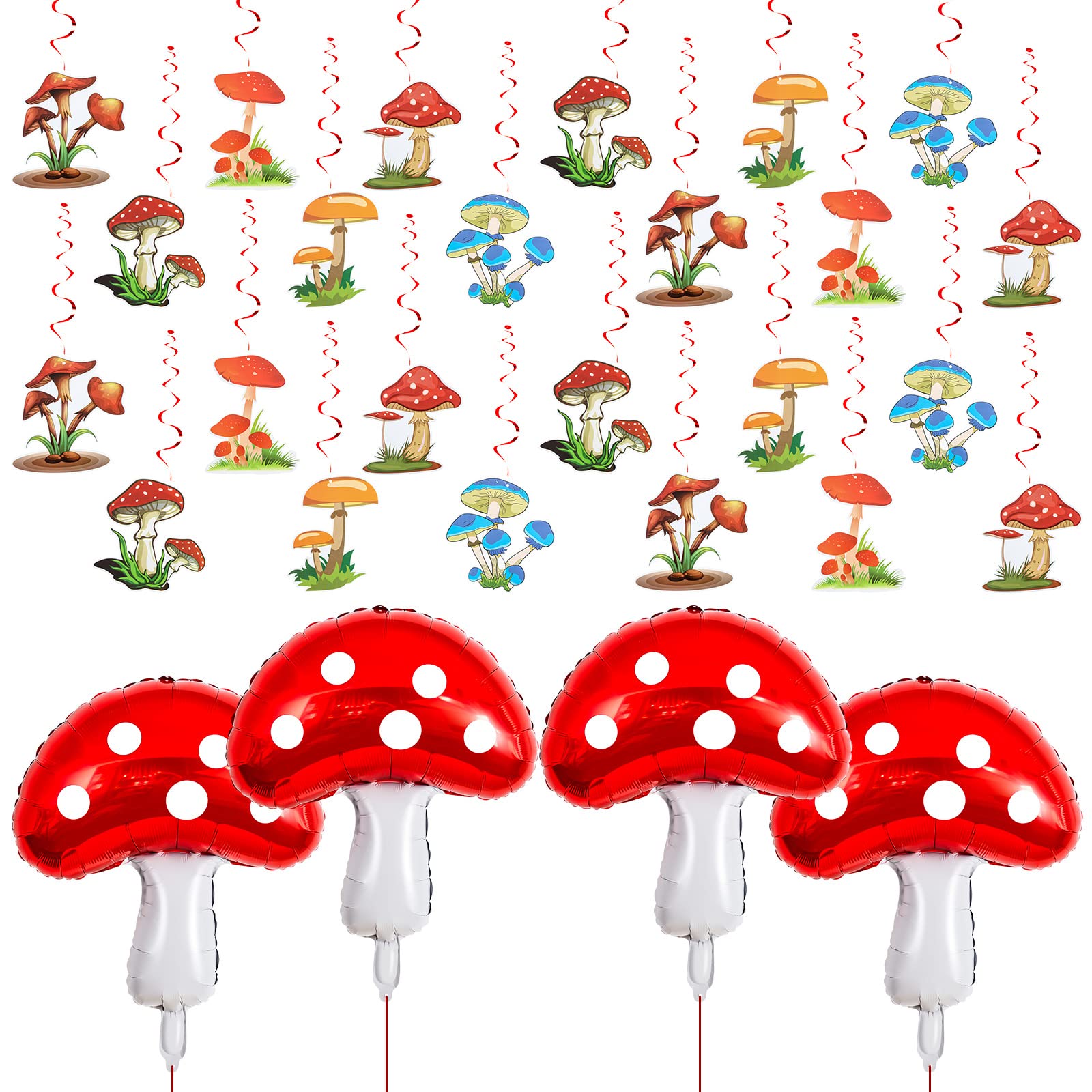 28 Pcs Mushroom Decorations Hanging Swirls Foil Balloons Mushroom Party Supplies Forest Plant Theme Balloon Wonderland Party Foil Swirls Wall Decor for Baby Shower Wedding Birthday Forest Plant Party