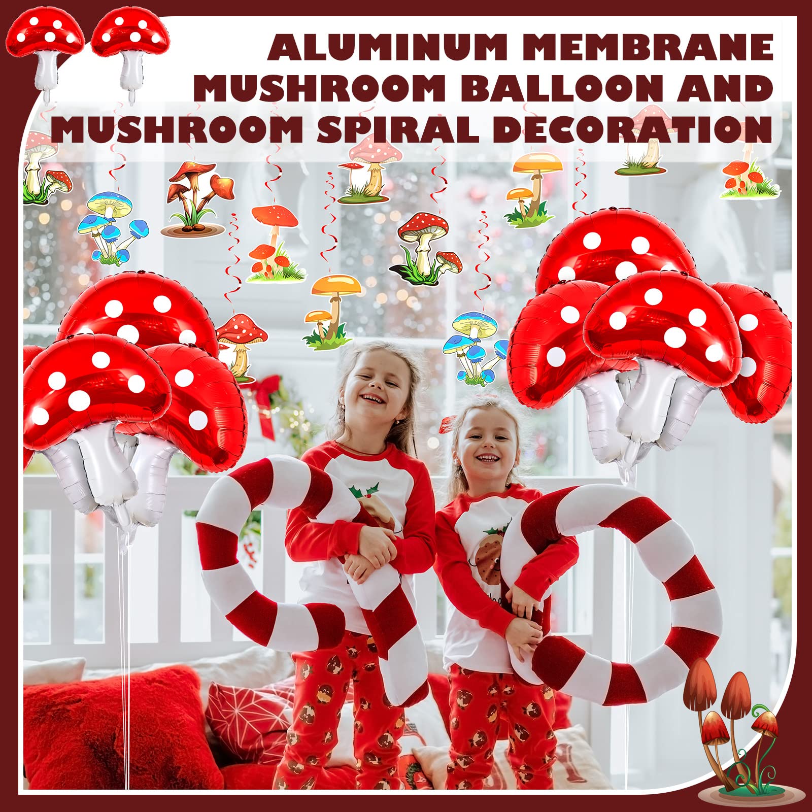 28 Pcs Mushroom Decorations Hanging Swirls Foil Balloons Mushroom Party Supplies Forest Plant Theme Balloon Wonderland Party Foil Swirls Wall Decor for Baby Shower Wedding Birthday Forest Plant Party