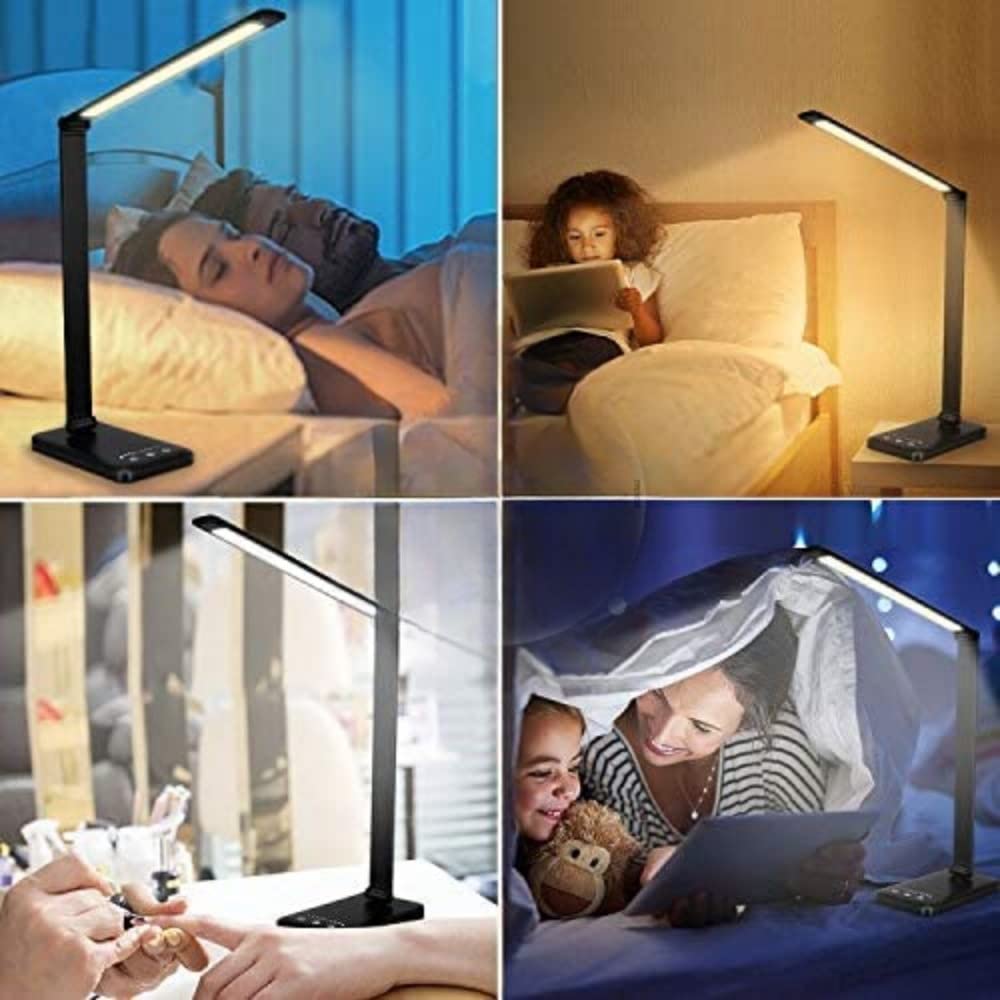 White crown LED Desk Lamp Dimmable Table Lamp Reading Lamp with USB Charging Port, 5 Lighting Modes, Sensitive Control, 30/60 Minutes Auto-Off Timer, Eye-Caring Office Lamp (Black, Medium)