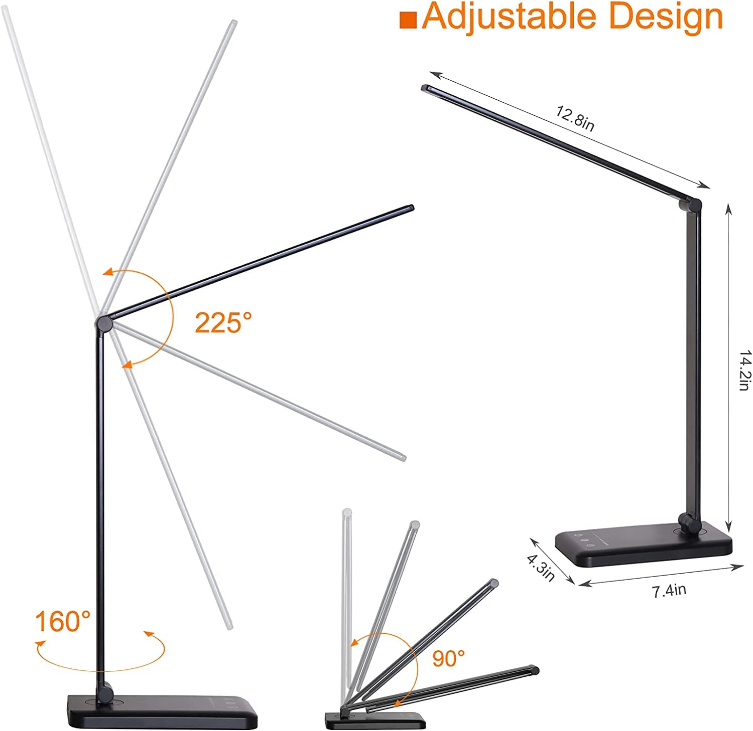 White crown LED Desk Lamp Dimmable Table Lamp Reading Lamp with USB Charging Port, 5 Lighting Modes, Sensitive Control, 30/60 Minutes Auto-Off Timer, Eye-Caring Office Lamp (Black, Medium)