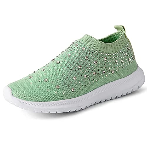 Women's Crystal Breathable Orthopedic Slip On Walking Shoes, Ultra-Light Breathable Arch Support Sneakers,Fashion Sneakers for Women,Orthopedic Shoes (Green, 10.5(43))