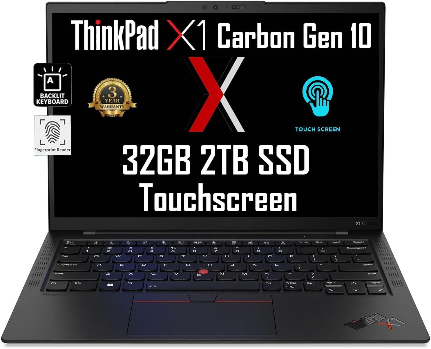 Lenovo ThinkPad X1 Carbon Gen 10 Business Laptop (14" FHD+ Touchscreen, Intel 12-Core i7-1260P, 32GB LPDDR5 RAM, 2TB SSD), Backlit, Fingerprint, 3-Yr Warranty, FHD Webcam, Wi-Fi 6E, Win 11 Pro, Black