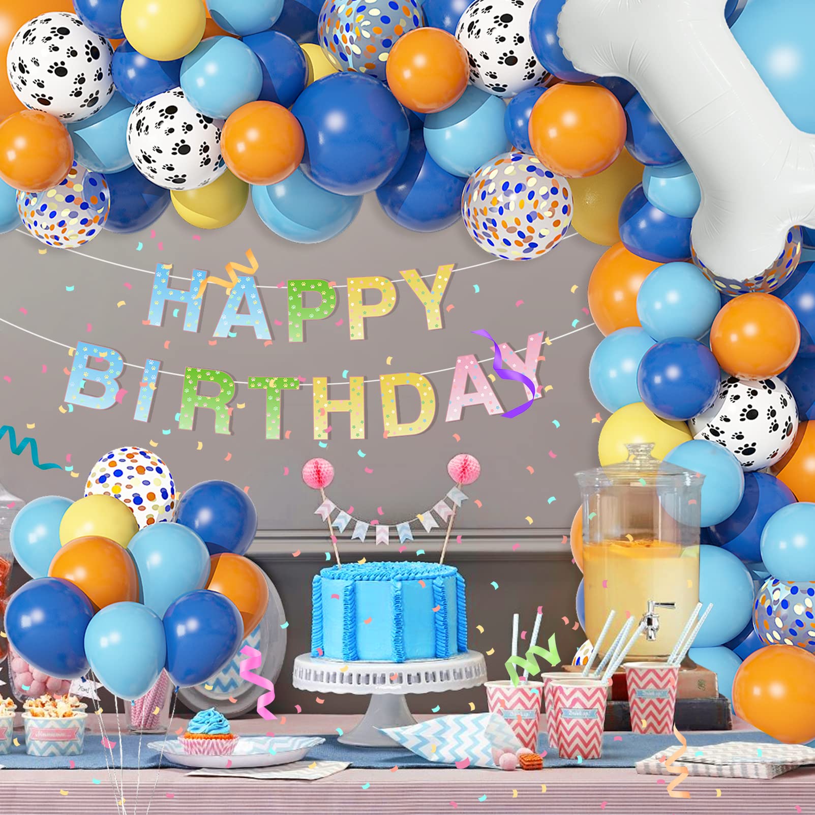 128Pcs Blue Birthday Party Supplies Balloons Garland Kit, Blue Orange Yellow White Bone Dog Paw Balloons Arch Banner for Baby Shower Girls and Boys Blue Theme Happy Birthday Party Decorations