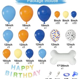 128Pcs Blue Birthday Party Supplies Balloons Garland Kit, Blue Orange Yellow White Bone Dog Paw Balloons Arch Banner for Baby Shower Girls and Boys Blue Theme Happy Birthday Party Decorations