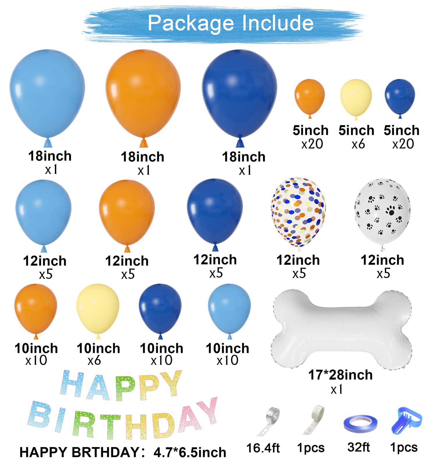 128Pcs Blue Birthday Party Supplies Balloons Garland Kit, Blue Orange Yellow White Bone Dog Paw Balloons Arch Banner for Baby Shower Girls and Boys Blue Theme Happy Birthday Party Decorations