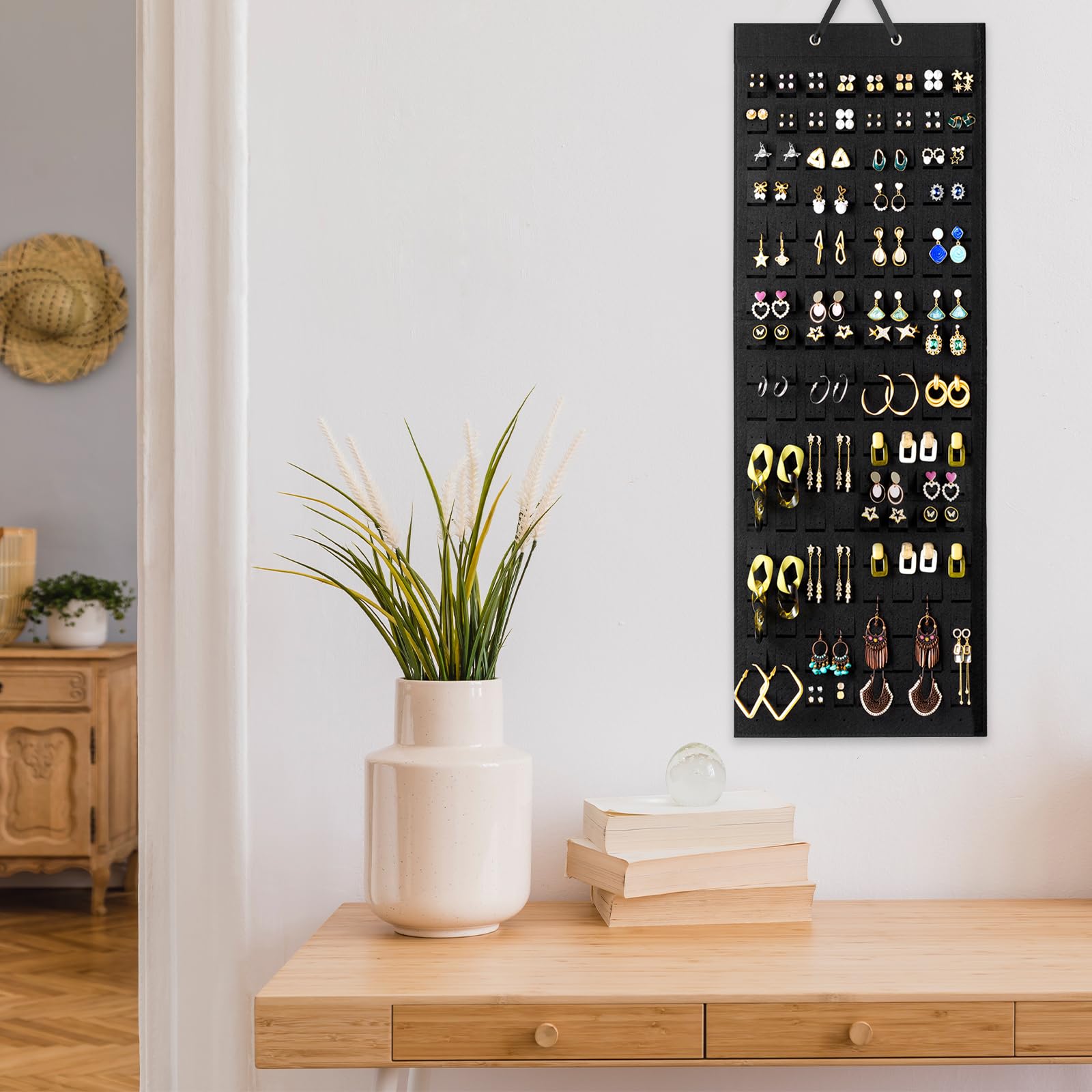 Lolalet Hanging Earring Holder Organizer with 20 Hooks Mothers Day Gift, Earring Organizer Wall Earrings Hanger Pierced Earring Storage, Felt Stud Earring Display, 608 Holes - Black, 1 Pack