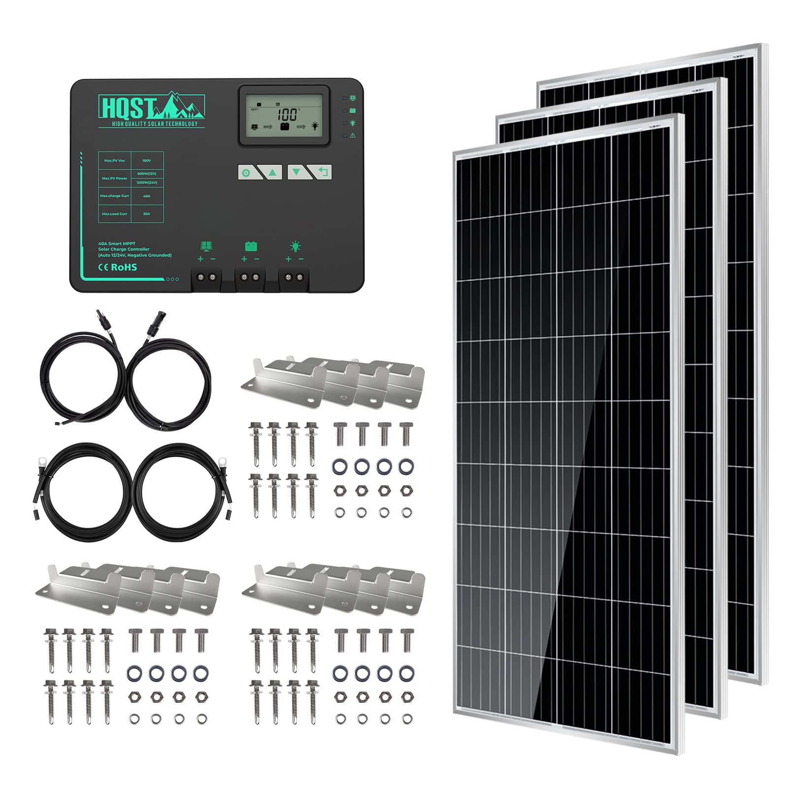 HQST 570W 12V/24V High-Efficiency RV Solar Panel Kit with 40 Amp MPPT Charge Controller, Adaptor Kit, Tray Cables, Mounting Z Brackets for Camper Vans, RVs, Cabins, Boats, Rooftops