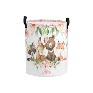 zaaprintblanket laundry basket customized name organizer storage round baskets foldable laundry hamper with handle for nursery bedroom decor (woodland animals pink blush floral)