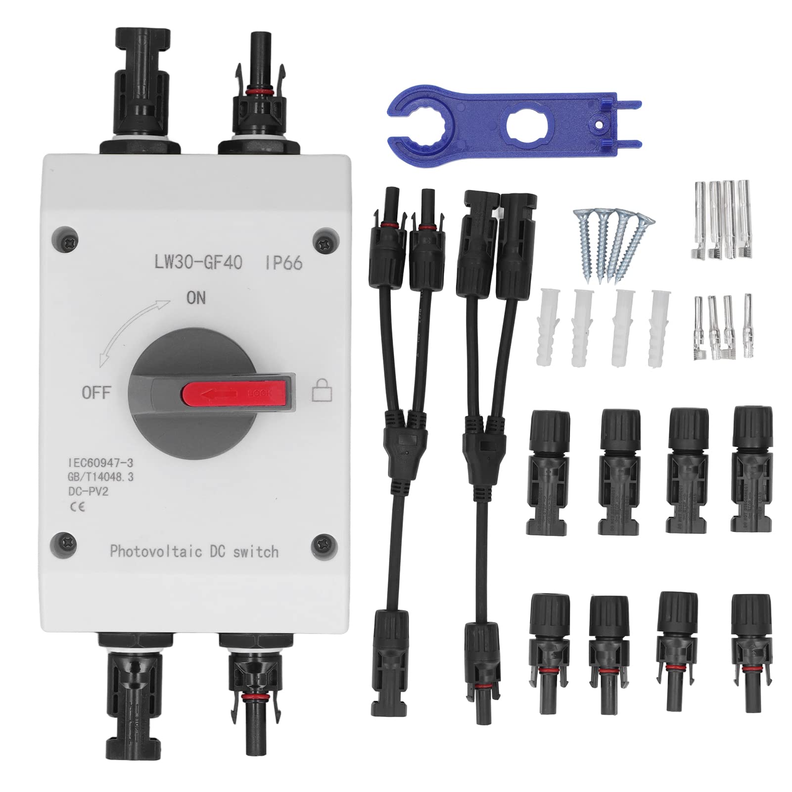 Solar Combiner Box, 1500V DC 32A 4P IP66 Waterproof Insulated Switch Professional Power Solar PV DC Quick Disconnect Switch for Solar Power System RV Boats (2 in 1)