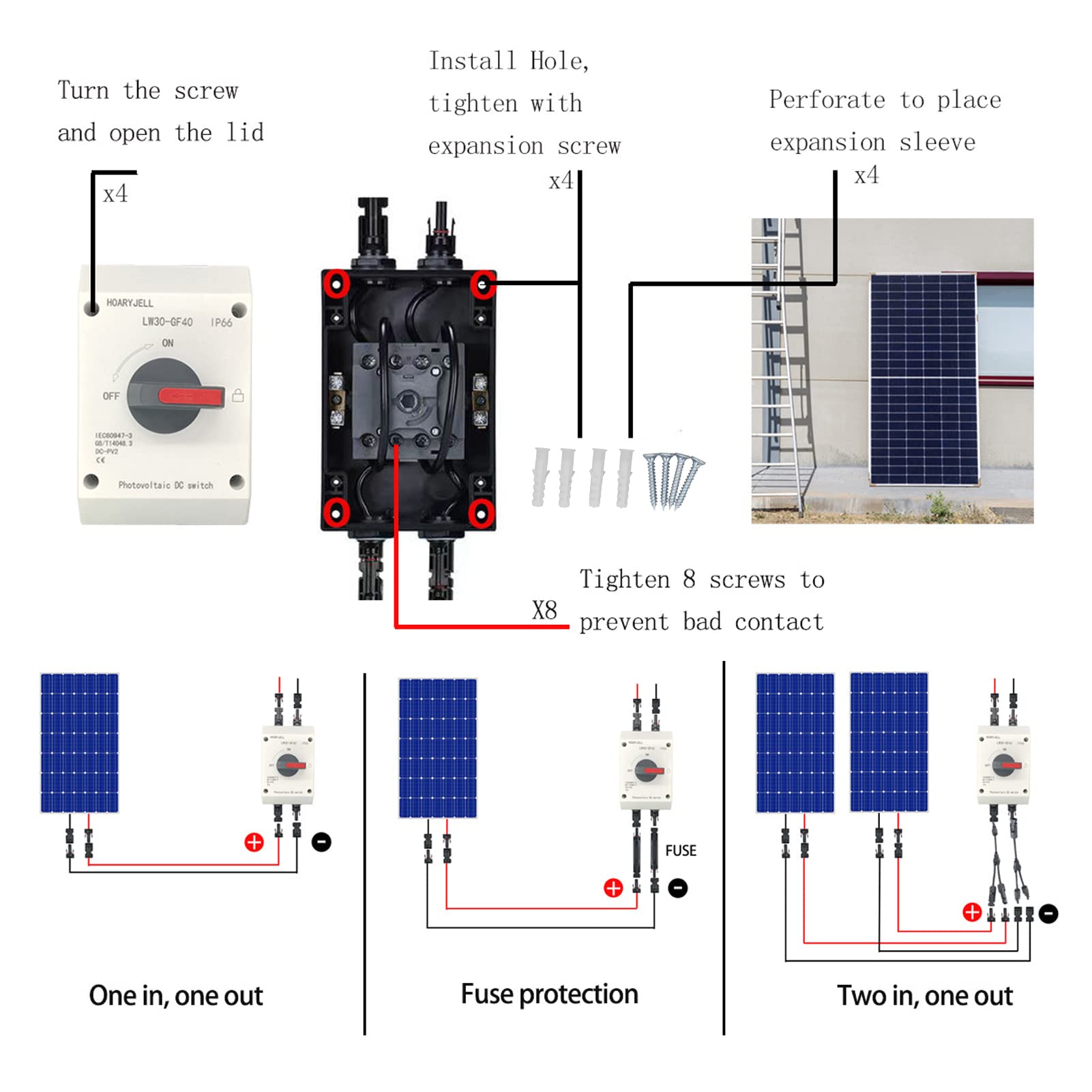 Solar Combiner Box, 1500V DC 32A 4P IP66 Waterproof Insulated Switch Professional Power Solar PV DC Quick Disconnect Switch for Solar Power System RV Boats (2 in 1)