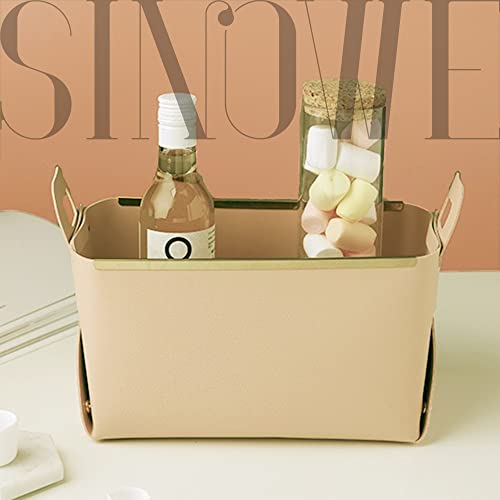 SINOWE Decorative Faux Leather Basket,Small Catchall Basket for Entryway Bedside Dresser End table,Collapsible Rectangle Tray Organizer Box (Nude)