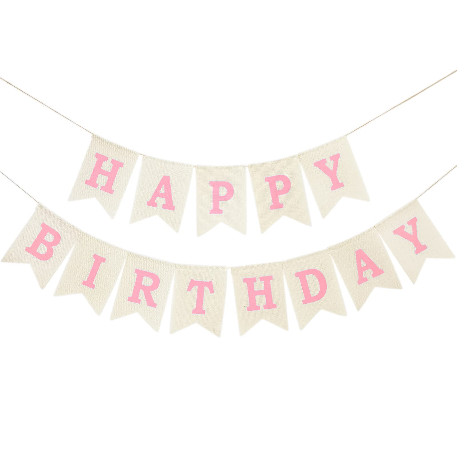 Burlap Happy Birthday Banner, Assembled Reusable Pink Happy Birthday Sign for Rustic Birthday Party Decorations