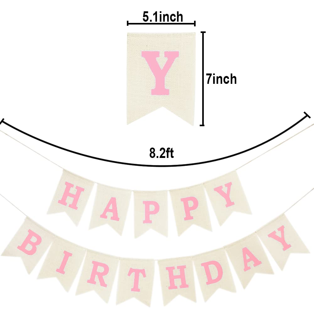 Burlap Happy Birthday Banner, Assembled Reusable Pink Happy Birthday Sign for Rustic Birthday Party Decorations