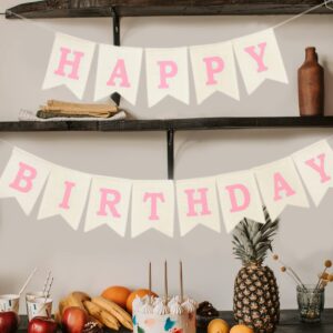 Burlap Happy Birthday Banner, Assembled Reusable Pink Happy Birthday Sign for Rustic Birthday Party Decorations