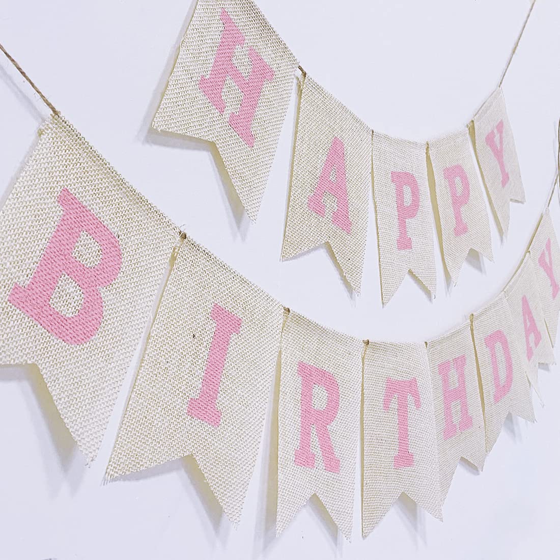 Burlap Happy Birthday Banner, Assembled Reusable Pink Happy Birthday Sign for Rustic Birthday Party Decorations