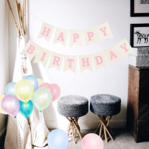 Burlap Happy Birthday Banner, Assembled Reusable Pink Happy Birthday Sign for Rustic Birthday Party Decorations