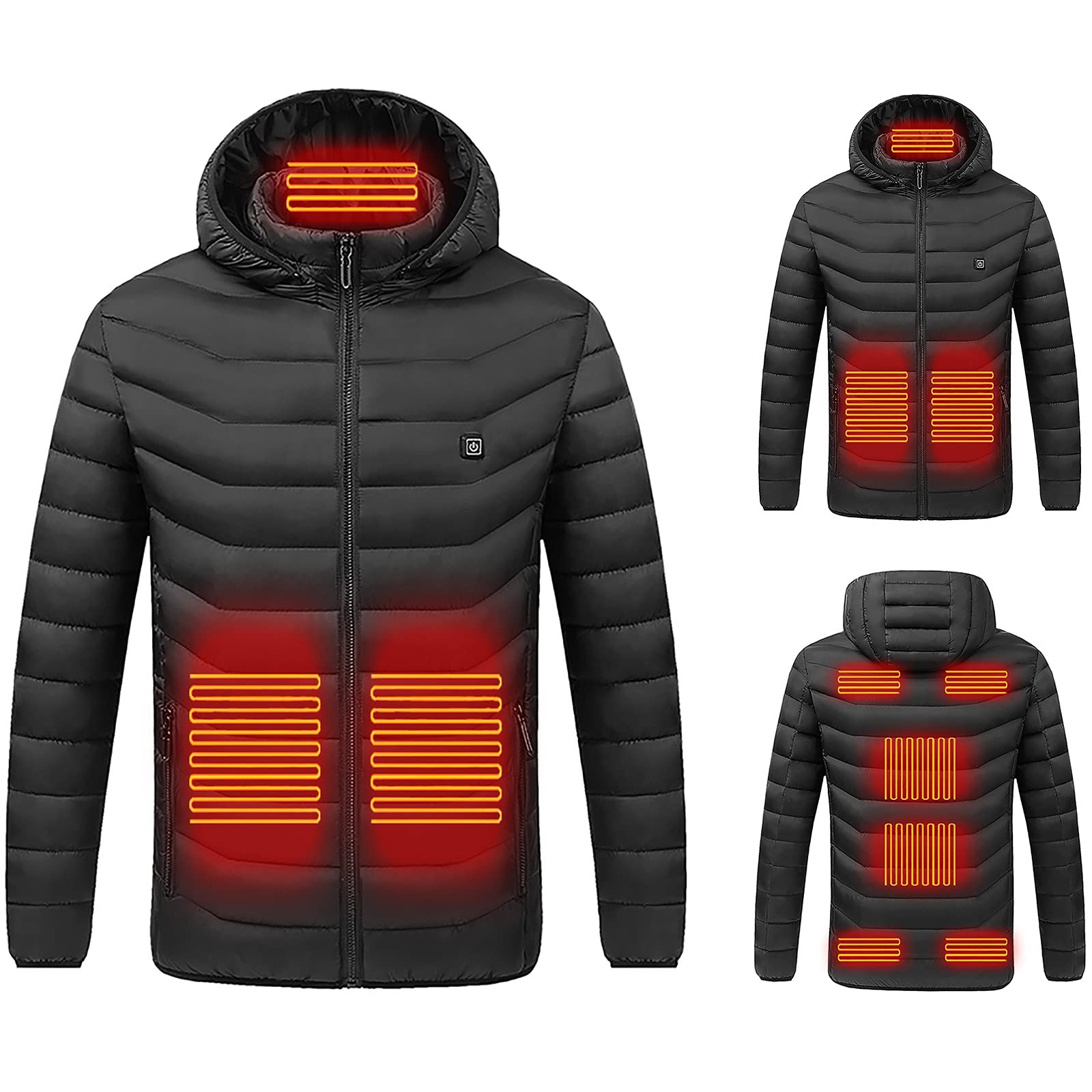 COMIOR Electric Heated Jacket, Men Women Heated Hoodie Coat, USB Rechargeable Electric Heating Jacket with 9 Heating Zones Body Warmer Coat Hooded Down Jacket for Winter Outdoor Working Sports