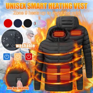 COMIOR Electric Heated Jacket, Men Women Heated Hoodie Coat, USB Rechargeable Electric Heating Jacket with 9 Heating Zones Body Warmer Coat Hooded Down Jacket for Winter Outdoor Working Sports