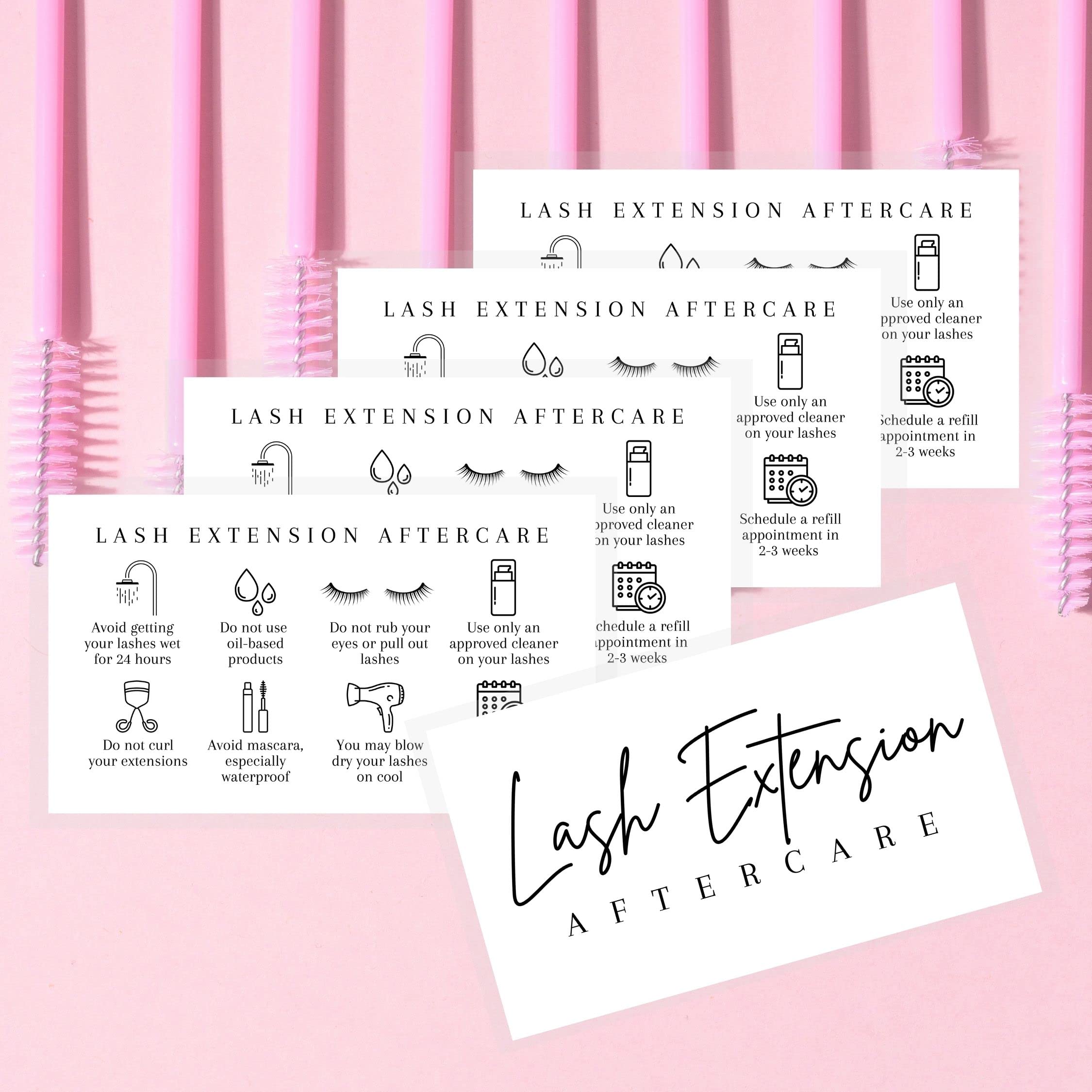 Lash Aftercare Extension Care Cards | 50 Pack | Eyelash False 2 x 3.5” inches Symbols 2-3 Week Refill Instructions Minimalist Gold foil Appearance Pink White and Black How to Care for Your Extensions