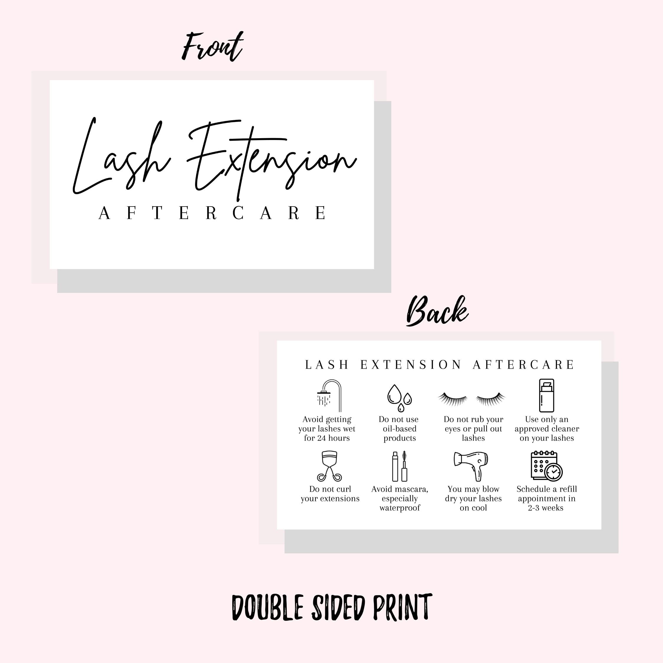 Lash Aftercare Extension Care Cards | 50 Pack | Eyelash False 2 x 3.5” inches Symbols 2-3 Week Refill Instructions Minimalist Gold foil Appearance Pink White and Black How to Care for Your Extensions