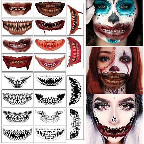 20Pcs Halloween Prank Makeup Temporary Tattoo Clown Horror Mouth Tattoo Stickers Scary Big Mouth Masquerade Prank Props Fake Tattoos for Halloween Cosplay Party